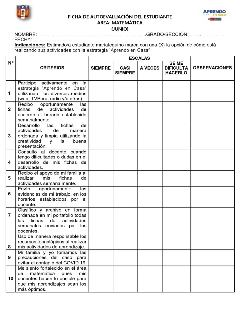 Ficha de Autoevaluación Del Estudiante | PDF