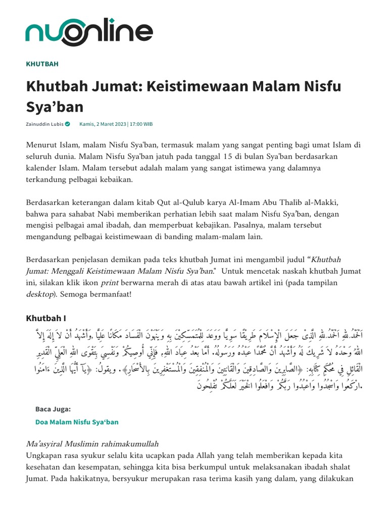 Khutbah Jumat - Keistimewaan Malam Nisfu Sya'Ban - NU Online | PDF
