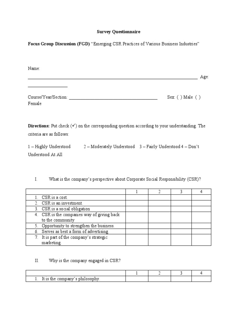 CSR Survey Questionnaire | PDF | Corporate Social Responsibility | Business