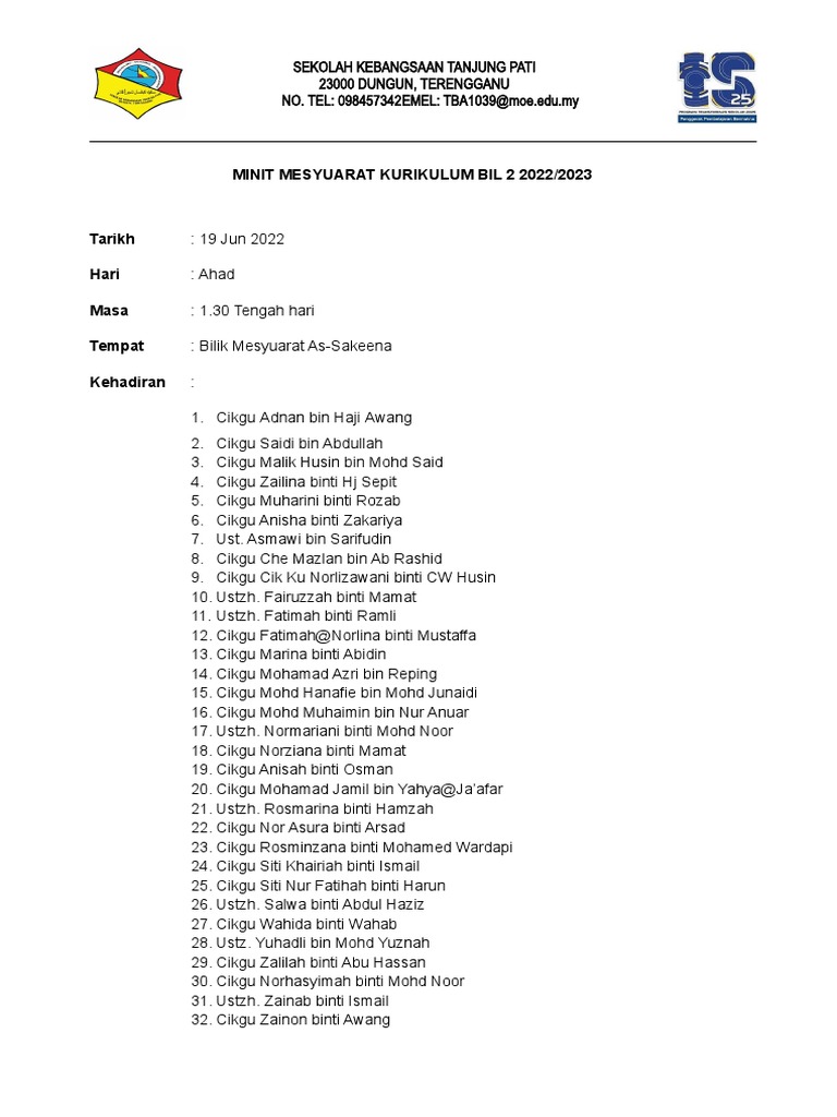 Minit Mesyuarat Kurikulum Bil 2 2022 | PDF