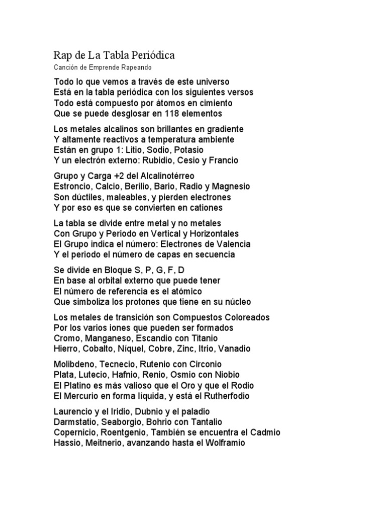 Rap De La Tabla Periódica Pdf Rieles Tabla Periódica