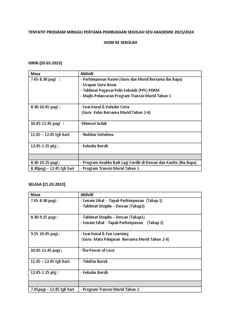 Tentatif Program Minggu Pertama Pembukaan Sekolah Sesi Akademik | PDF