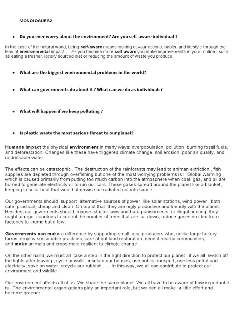 MONOLOGUE B2 Environment | PDF | Climate Change | Natural Environment
