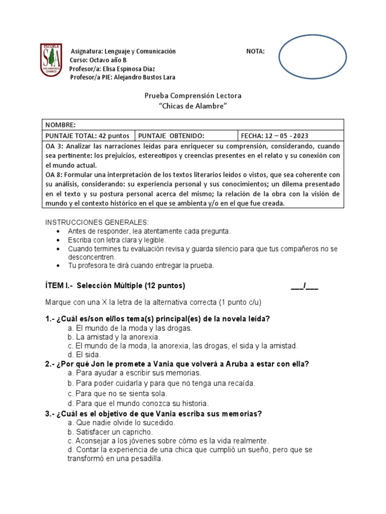 Prueba Octavo B Chicas de Alambre 12-05 | PDF