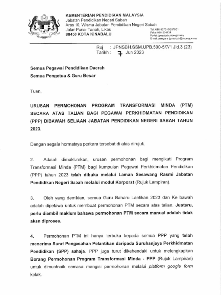 Urusan Permohonan Program Transformasi Minda (PTM) Secara Atas Talian ...