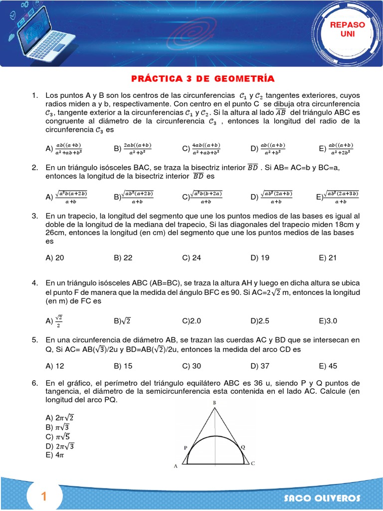 Geom - R1-UNI-2023 - PRACTICA 3 | PDF | Triángulo | Geometría Elemental