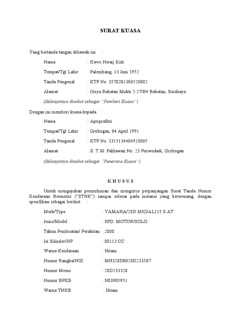 SURAT KUASA Perpanjangan STNK 5 | PDF