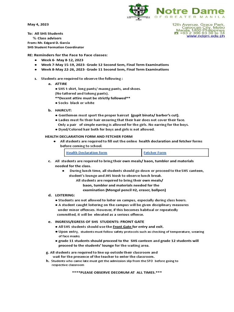 Updated 2nd Sem Final Reminders For SHS F2F Classes | PDF