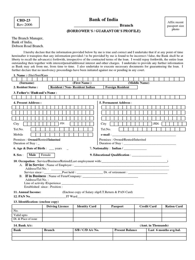 Bank of India Borrower Profile Form | PDF | Loans | Valuation (Finance)
