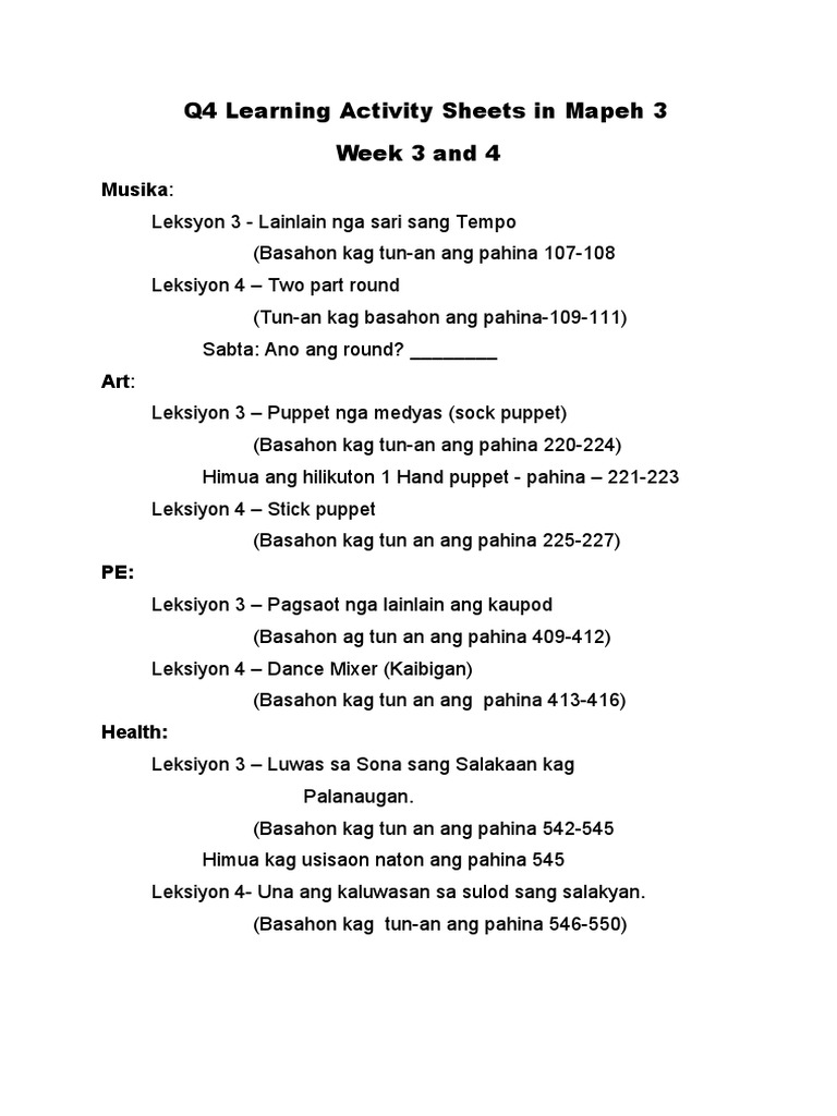 Q4 Learning Activity Sheet in Mapeh 3 Week 3 and 4 | PDF