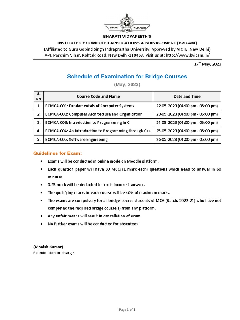Bridge Course Exam Schedule - May 2023 | PDF