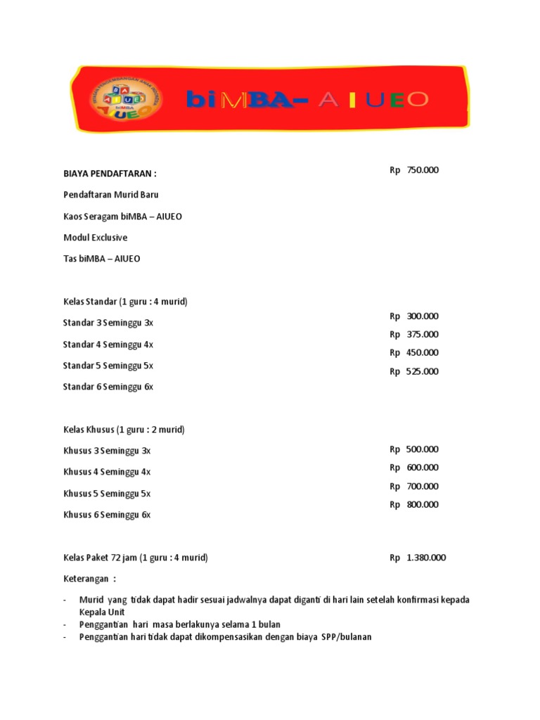 Biaya Pendaftaran Bimba-Aiueo | PDF