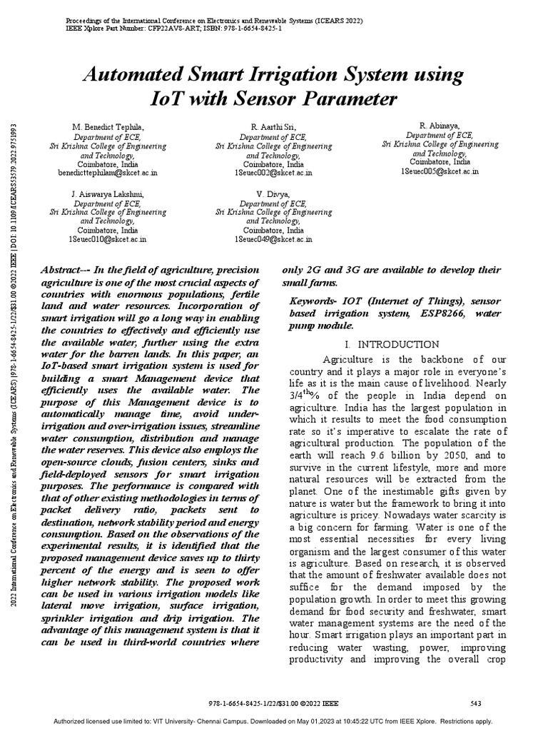 Automated Smart Irrigation System Using Iot With Sensor Parameter Pdf