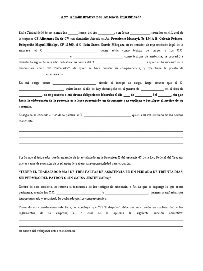 ACTA POR FALTA INJUSTIFICADA | PDF