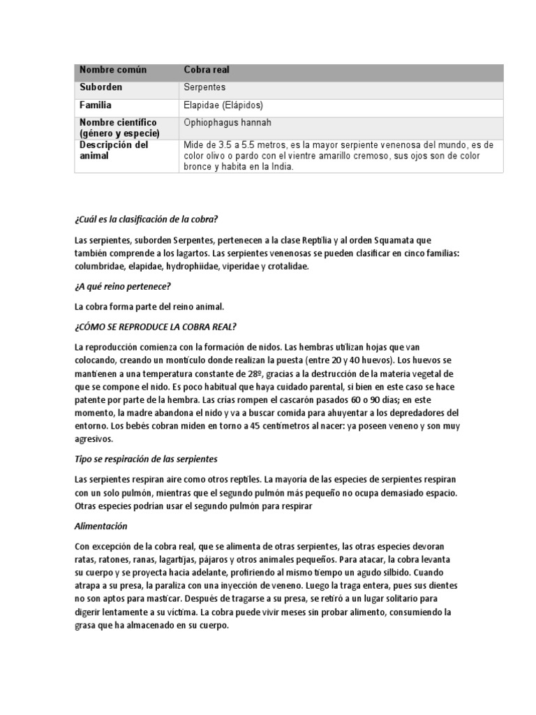 Informacion de Las Cobras | PDF | Serpiente | Veneno
