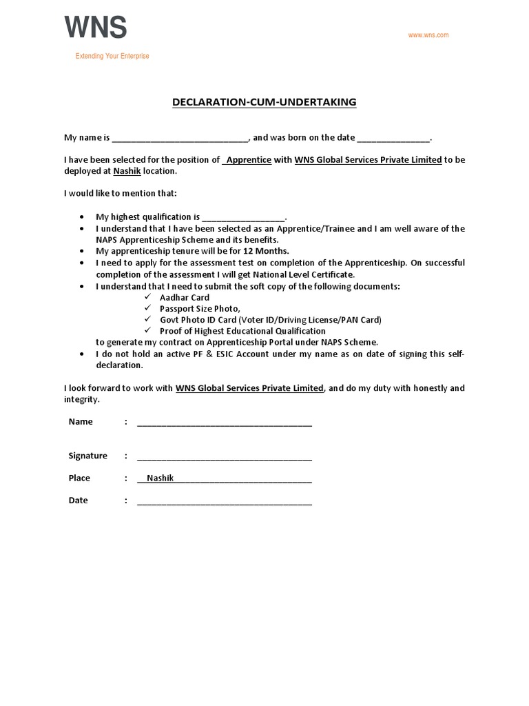 Self Declaration Form - Apprentice | PDF