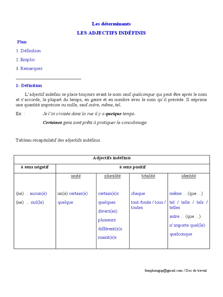 Comprendre les adjectifs indéfinis | PDF | Nombre grammatical ...