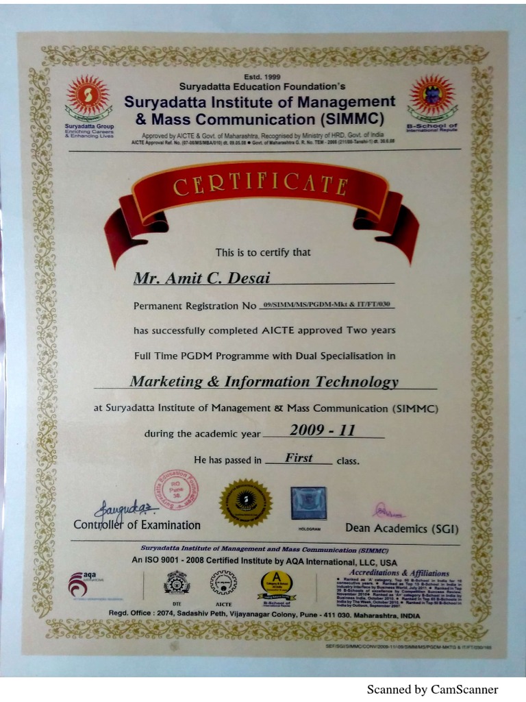 Simmc Master Degree Certificate | PDF