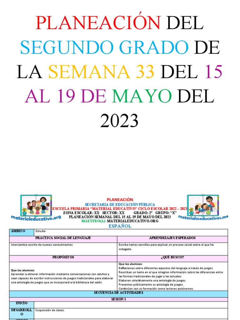 Planeación Del Segundo Grado de La Semana 33 Del 15 Al 19 de Mayo Del ...