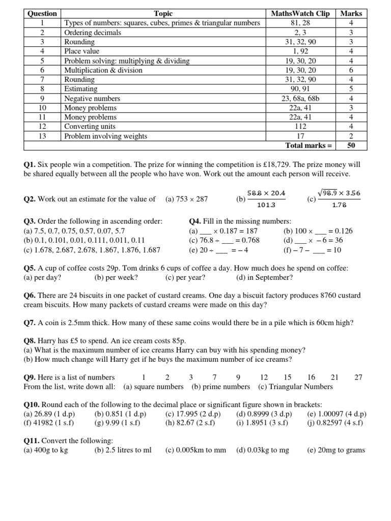 Y7 Test 1 Revision - Topic List - Numbers | PDF | Mathematics | Arithmetic