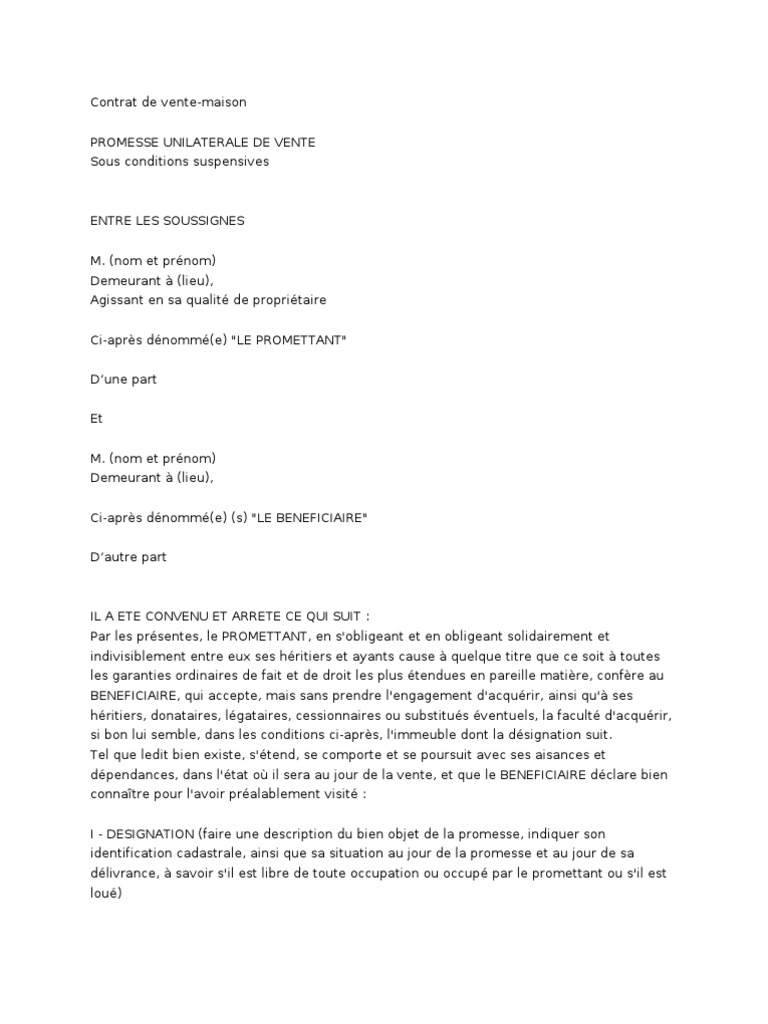 Promesse Unilatérale de Vente Immobilière | PDF | Prêts | Condominium