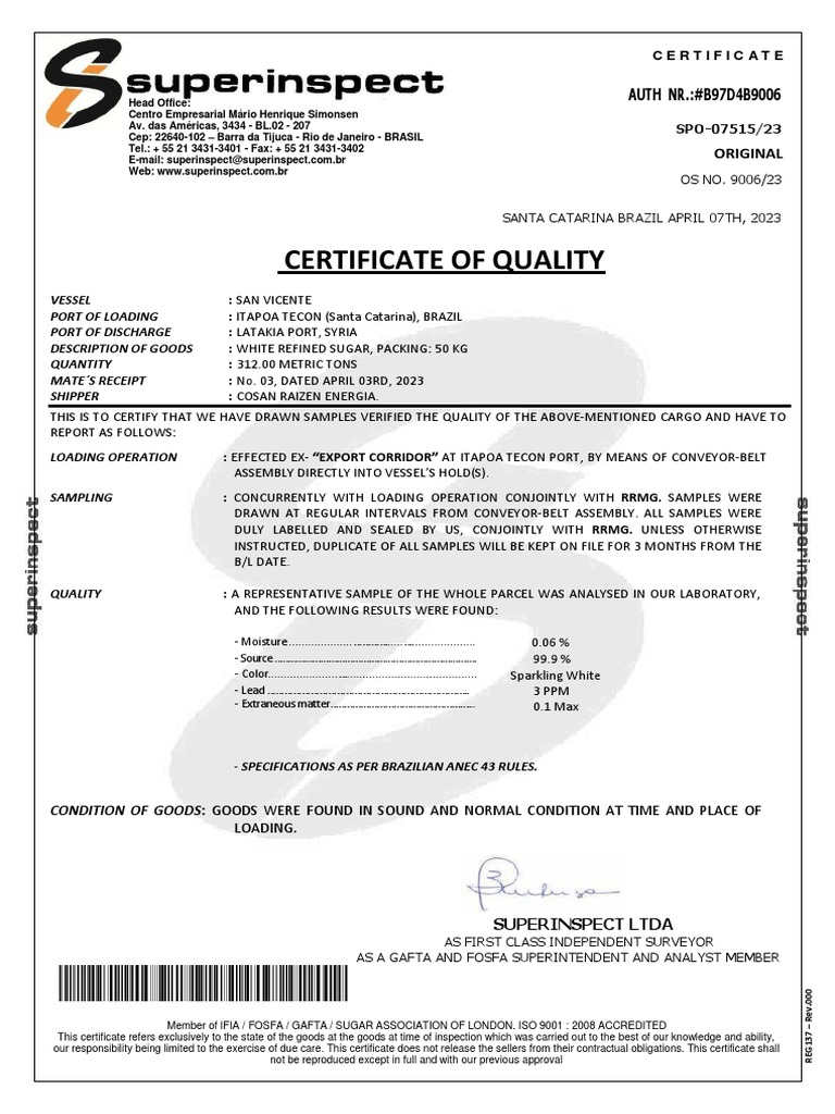 DRAFT - Quality Certificate | PDF