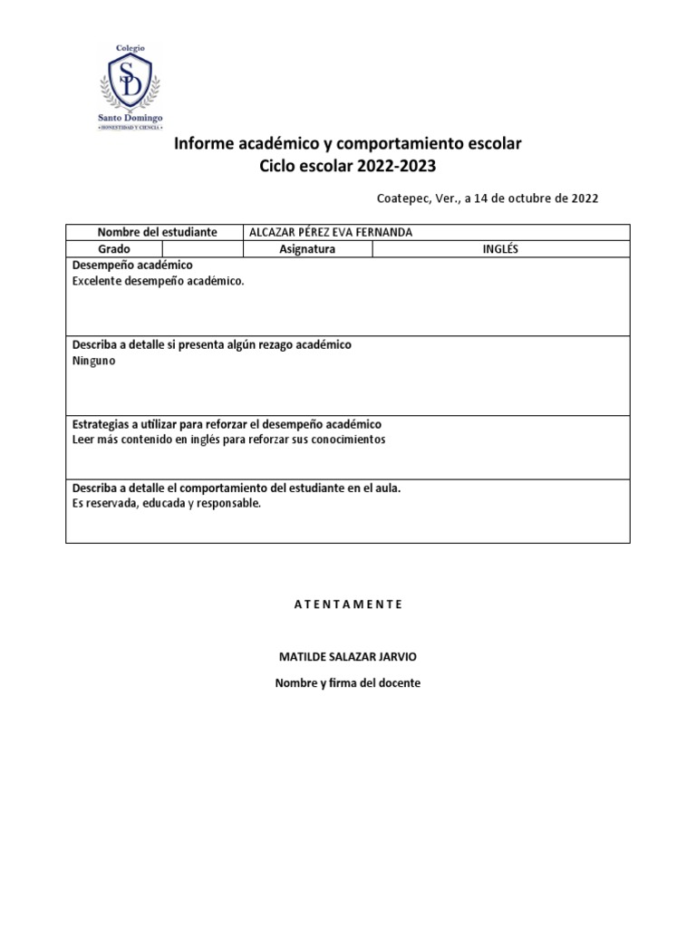 Informe Académico y Comportamiento Escolar | PDF