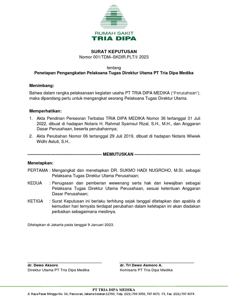 TDM - SHN 001 SK Pengangkatan Plt. Dirut TDM | PDF