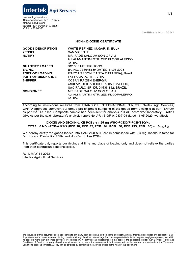 Non Dioxine Certificate | PDF