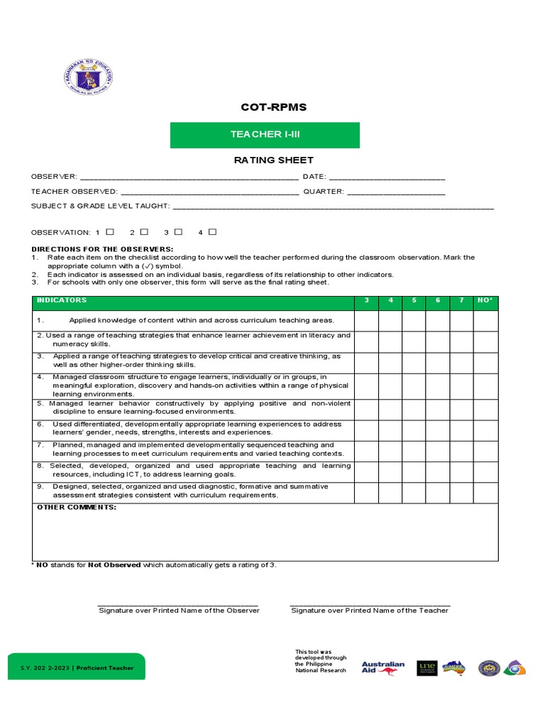 [Appendix C-02] COT-RPMS Rating Sheet for T I-III for SY 2022-2023 | PDF | Learning | Curriculum