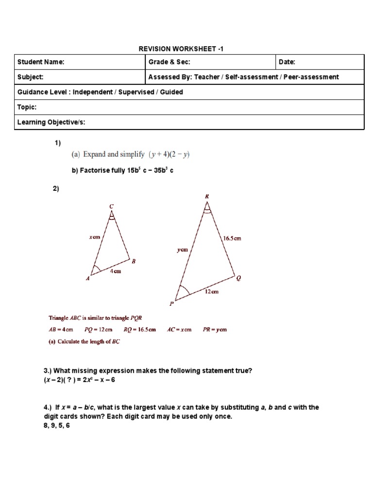 Math Revision Worksheet Overview | PDF | Area | Triangle