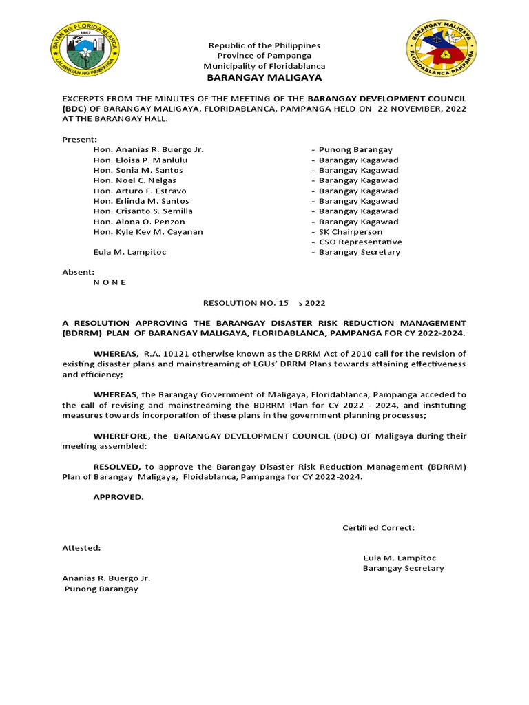 BDC Res. Approving The BDRRM Plan Budget | PDF