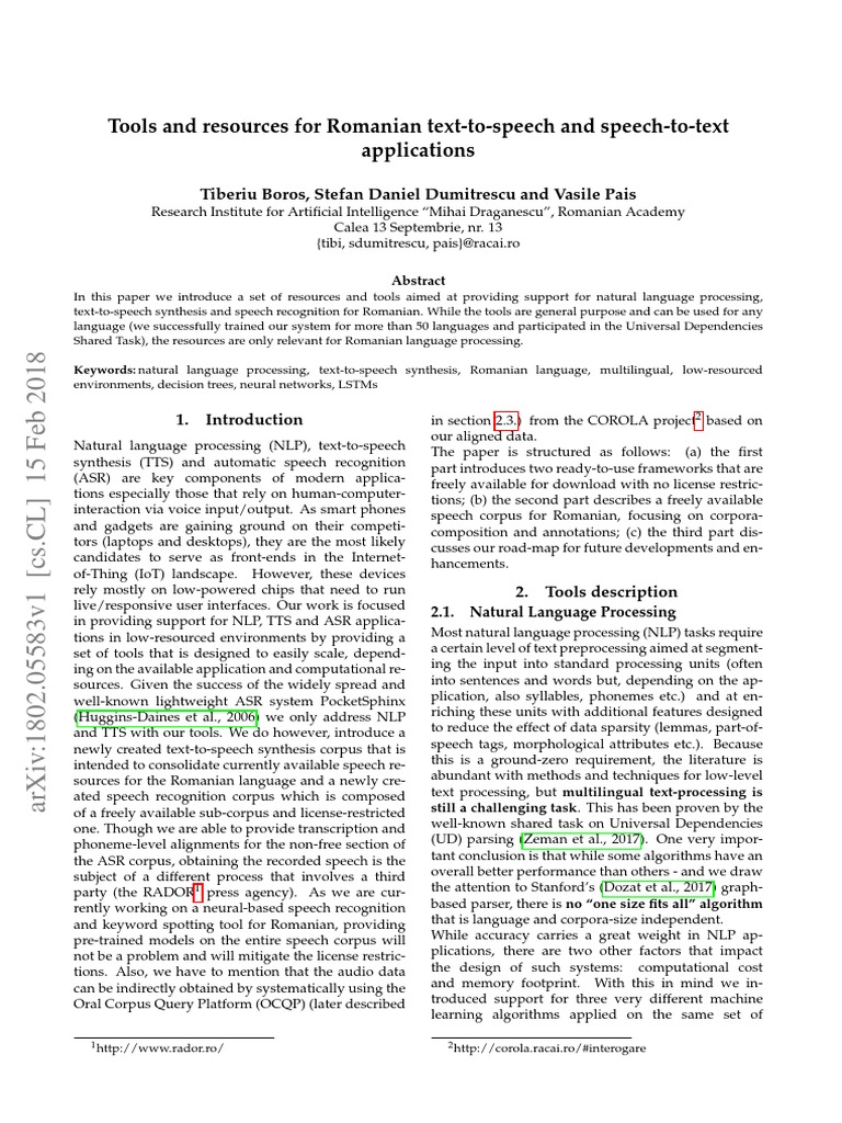 Tools and Resources For Romanian Text-To-speech and Speech-To-text | PDF | Speech Synthesis ...