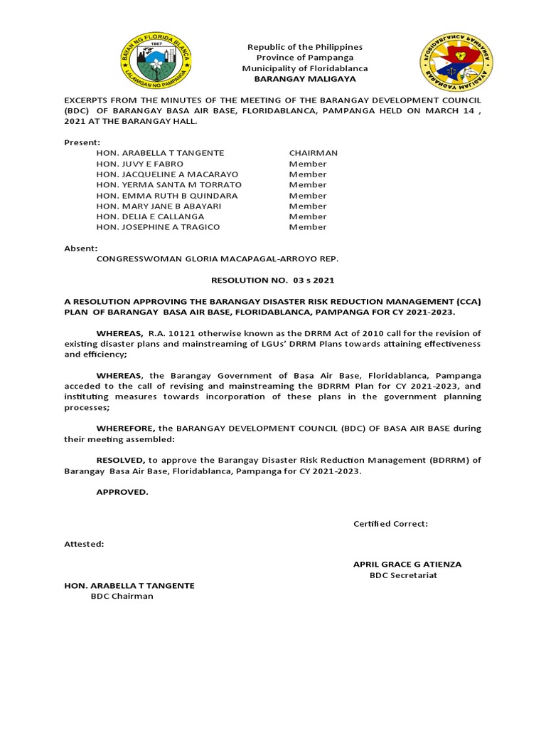 BDC Res. Approving The BDRRM Plan Budget 1 Basa | PDF