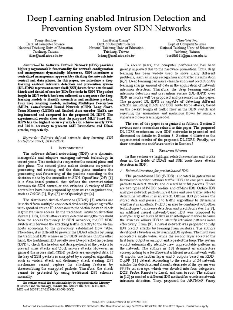 Deep Learning Enabled Intrusion Detection And Prevention System Over Sdn Networks Pdf Denial