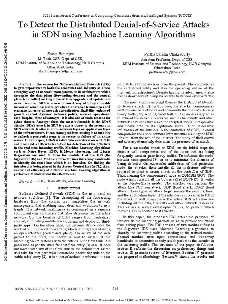To Detect the Distributed Denial-of-Service Attacks in SDN using Machine Learning Algorithms ...