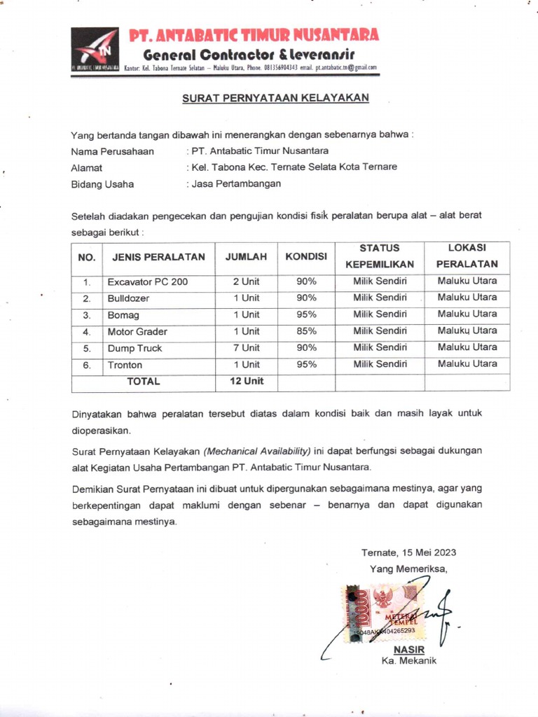 Surat Pernyataan Kelayakan | PDF