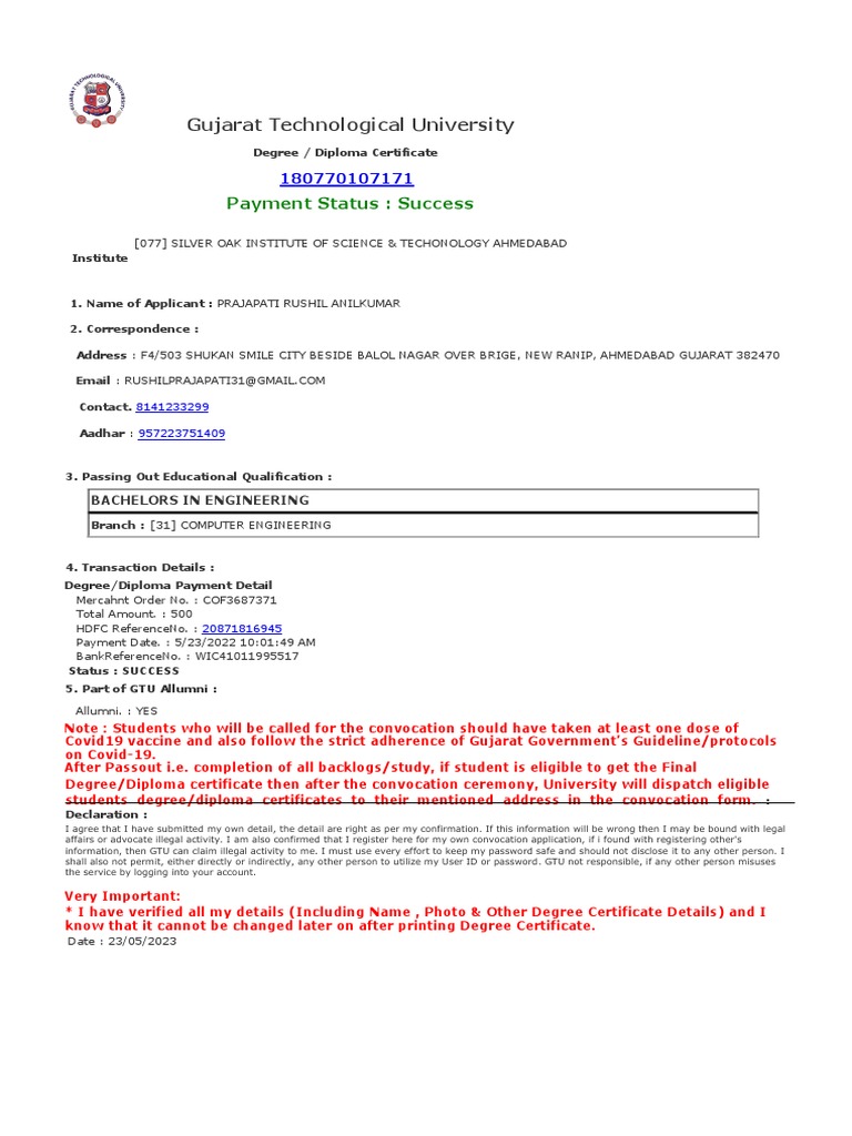 GTU Degree Certificate Payment Confirmation | PDF