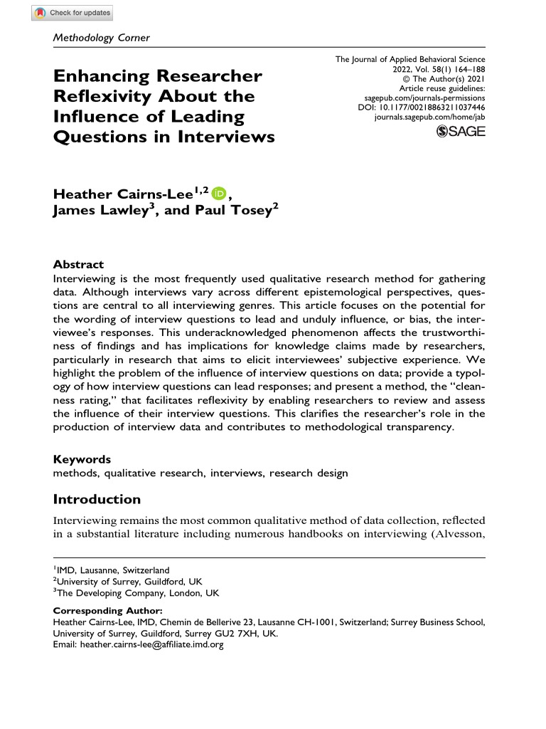 Cairns-Lee (2022) Enhancing Researcher Reflexivity About The Influence of Leading Questions in ...