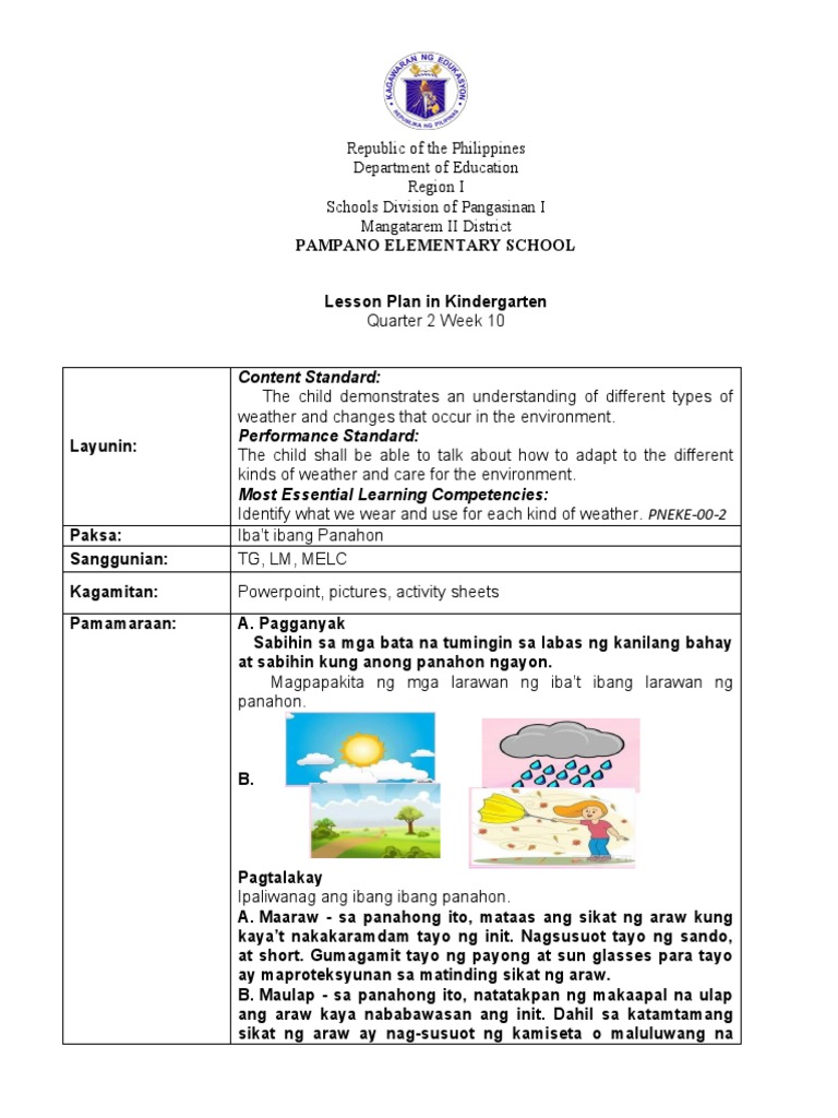 Lesson Plan in Kindergarten Quarter 2 Week 10 | PDF