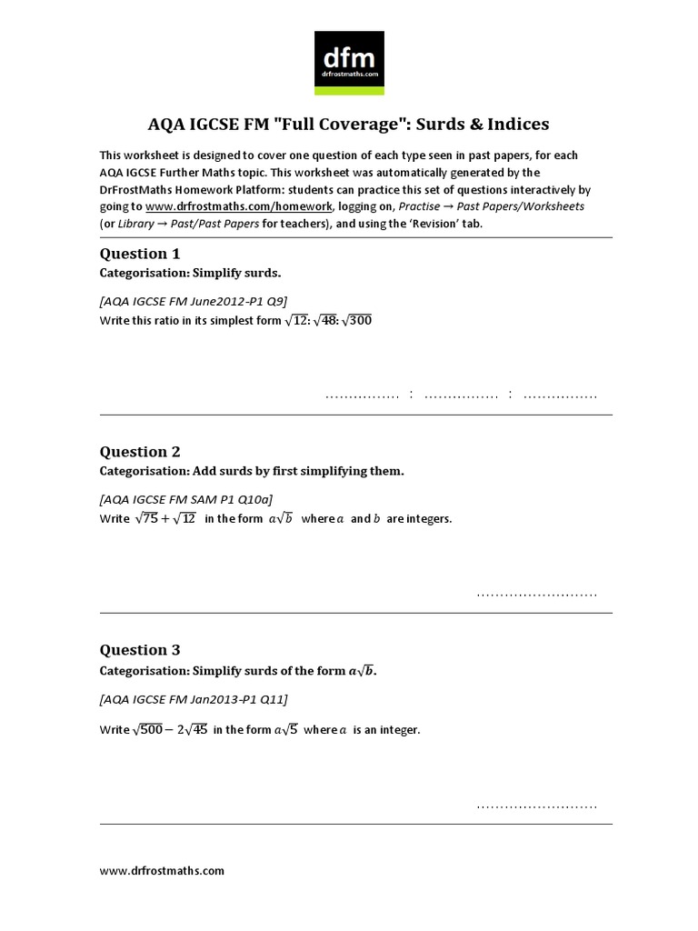 IGCSE Surds & Indices Worksheet | PDF