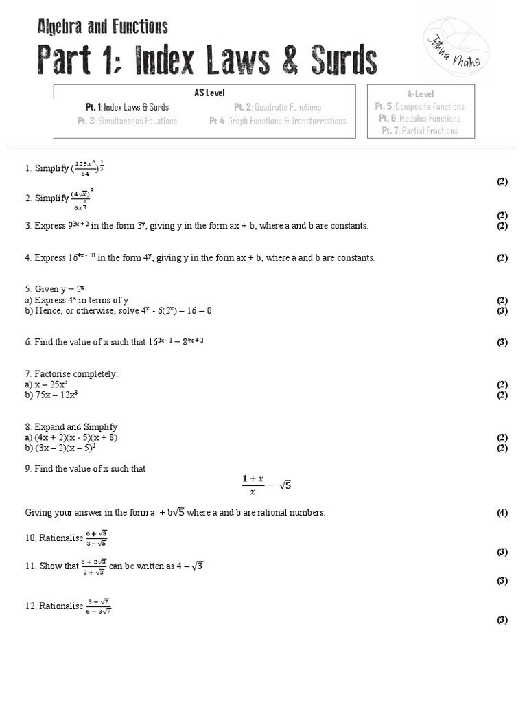 Surds and Indices Worksheet 3 | PDF | Equations | Cartesian Coordinate ...