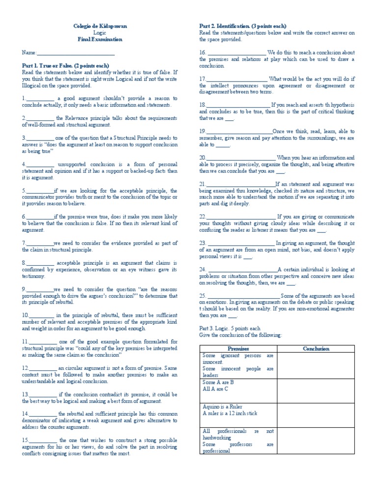 Logic Final Examination | PDF | Argument | Logic