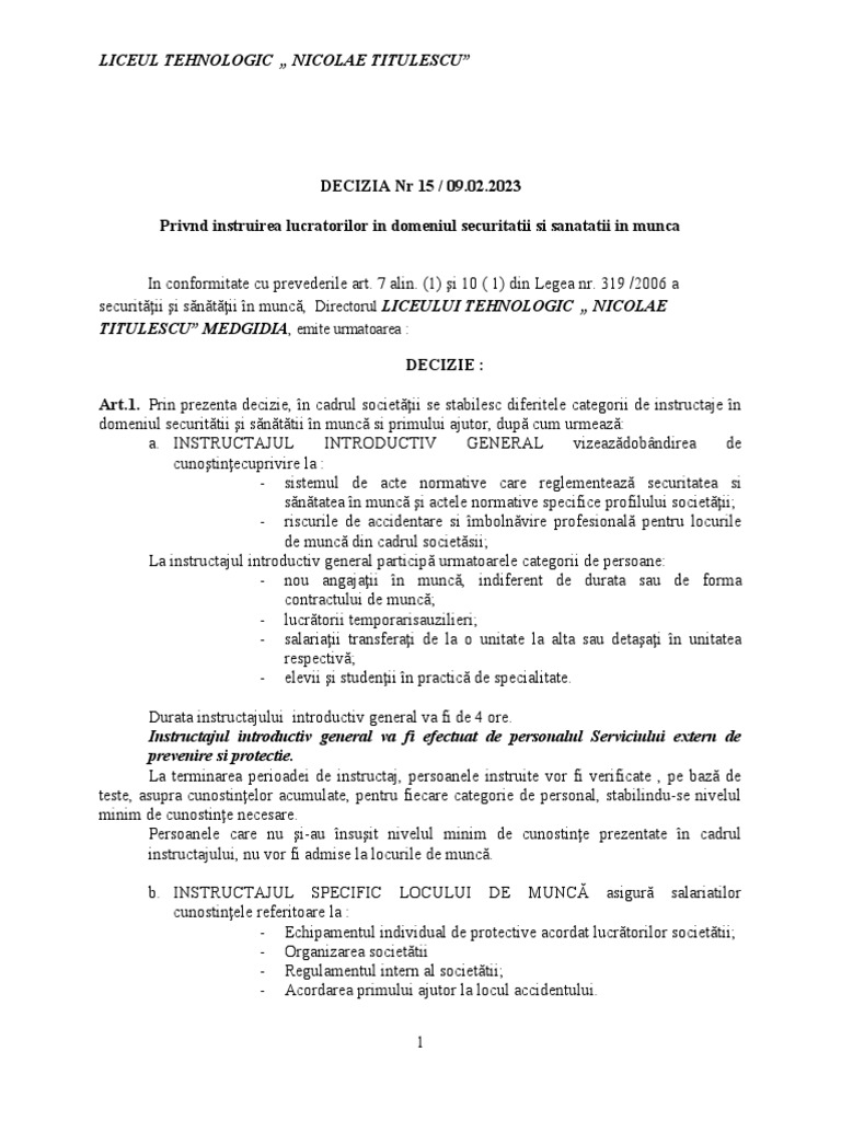 Decizie Instructaj SSM | PDF