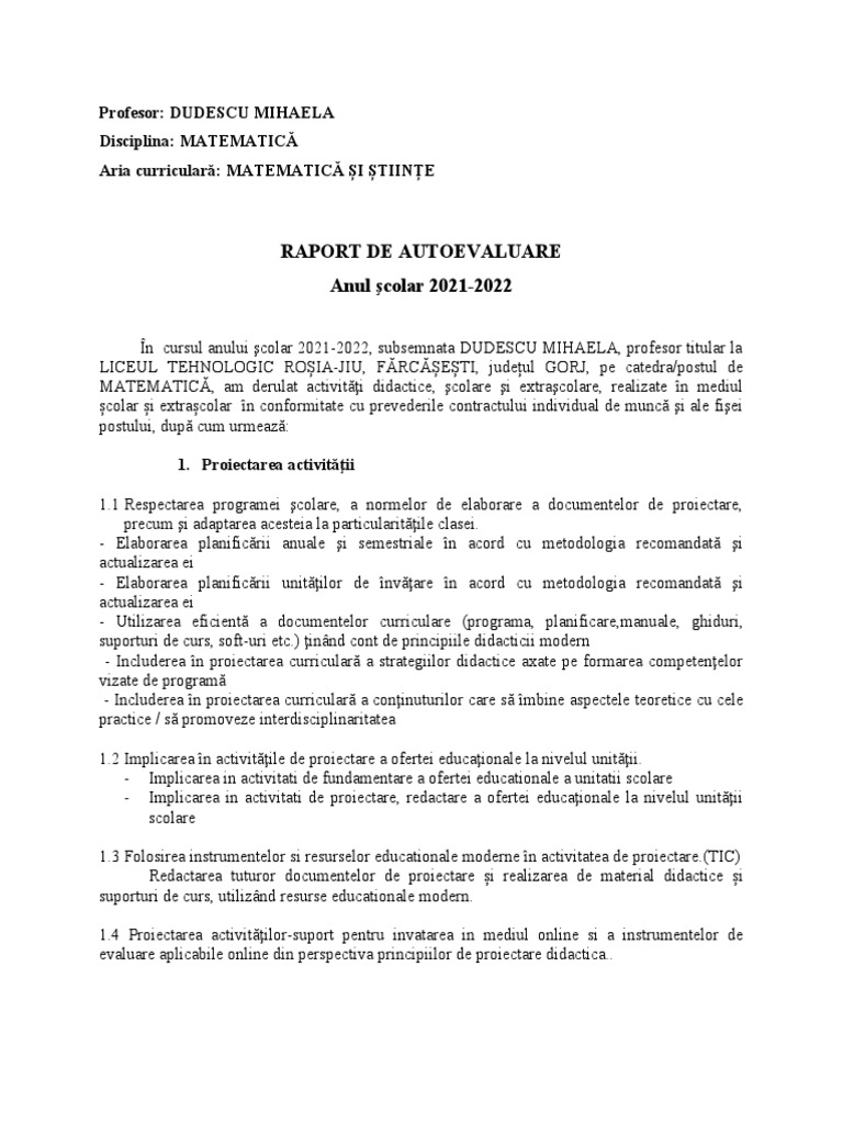 Raport Autoevaluare Ed Fizica 20202021 | PDF