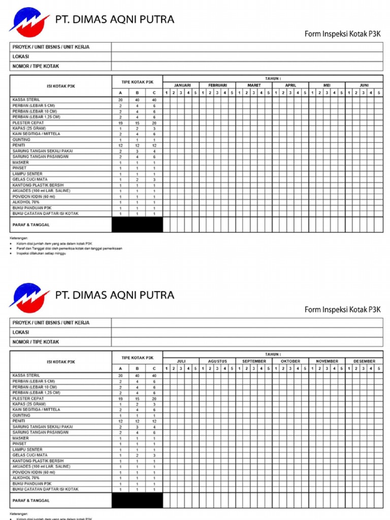 Form Inspeksi Kotak P3k Dap Jan Des Pdf