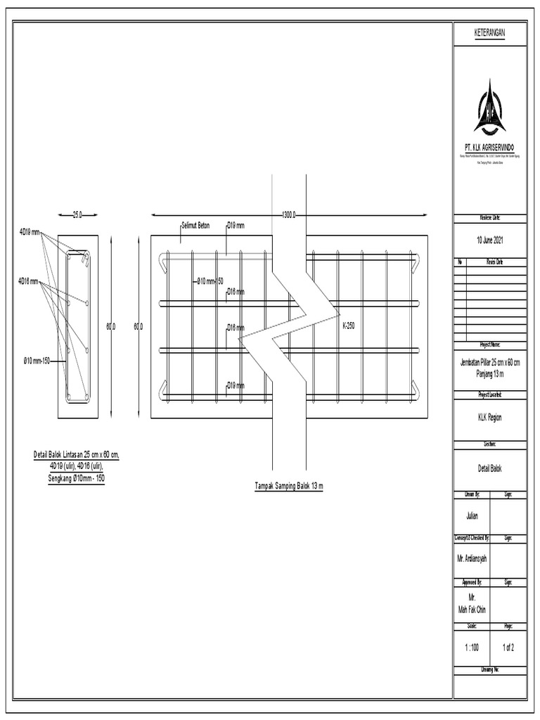 Jembatan Pillar 25x60 Panjang 13 M (Drawing) | PDF