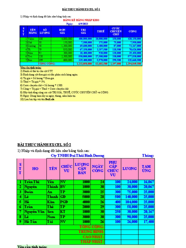 Bai Tap Excel Tu Co Ban Toi Nang Cao_debai | PDF