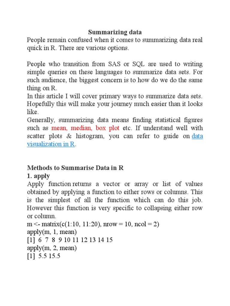Summarizing Data | PDF | Computing | Computer Programming