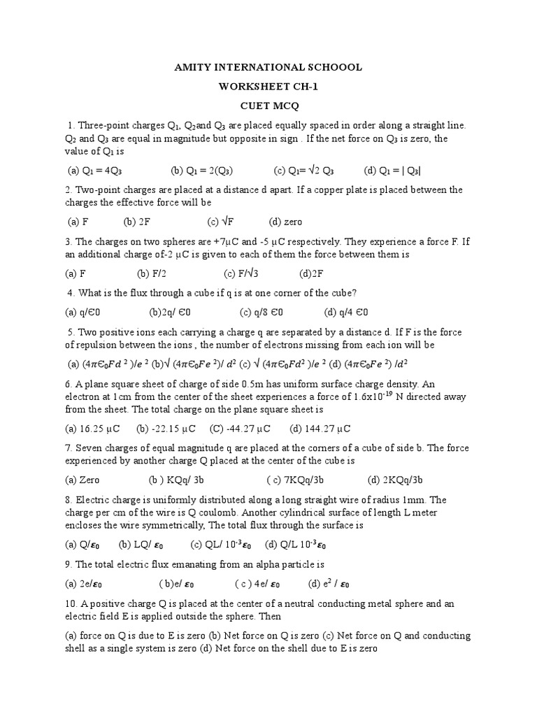 CH-1 12 Worksheet Phy | PDF | Electric Charge | Electric Field
